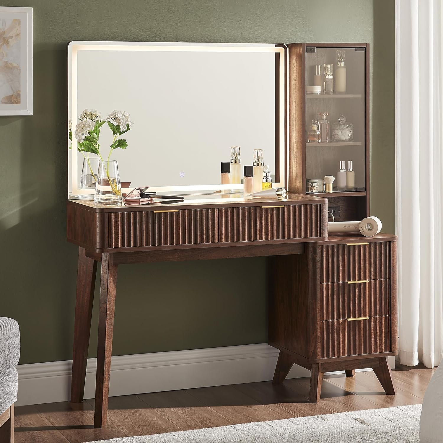 48" Fluted Makeup Vanity Desk with Large 36" Mirror and Lights, Modern ...