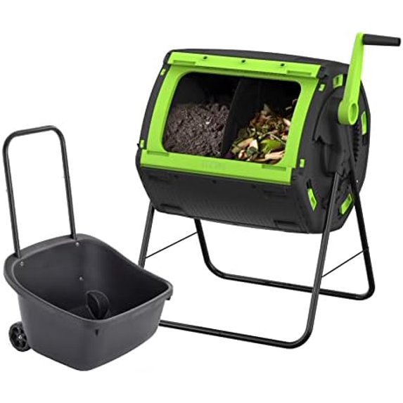 48 Gallon Geared Two Compartment Compost Tumbler andCompost Cart ...