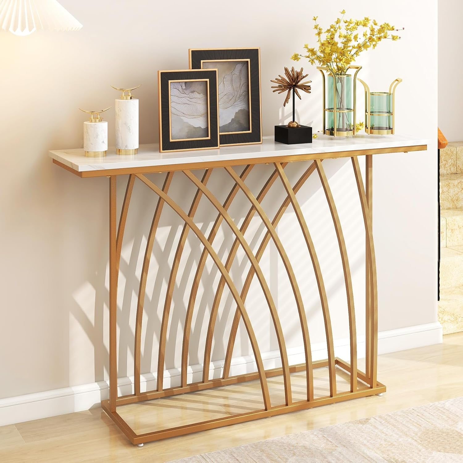 48” Gold Console Table, Narrow Console Table with Faux Marble Tabletop ...