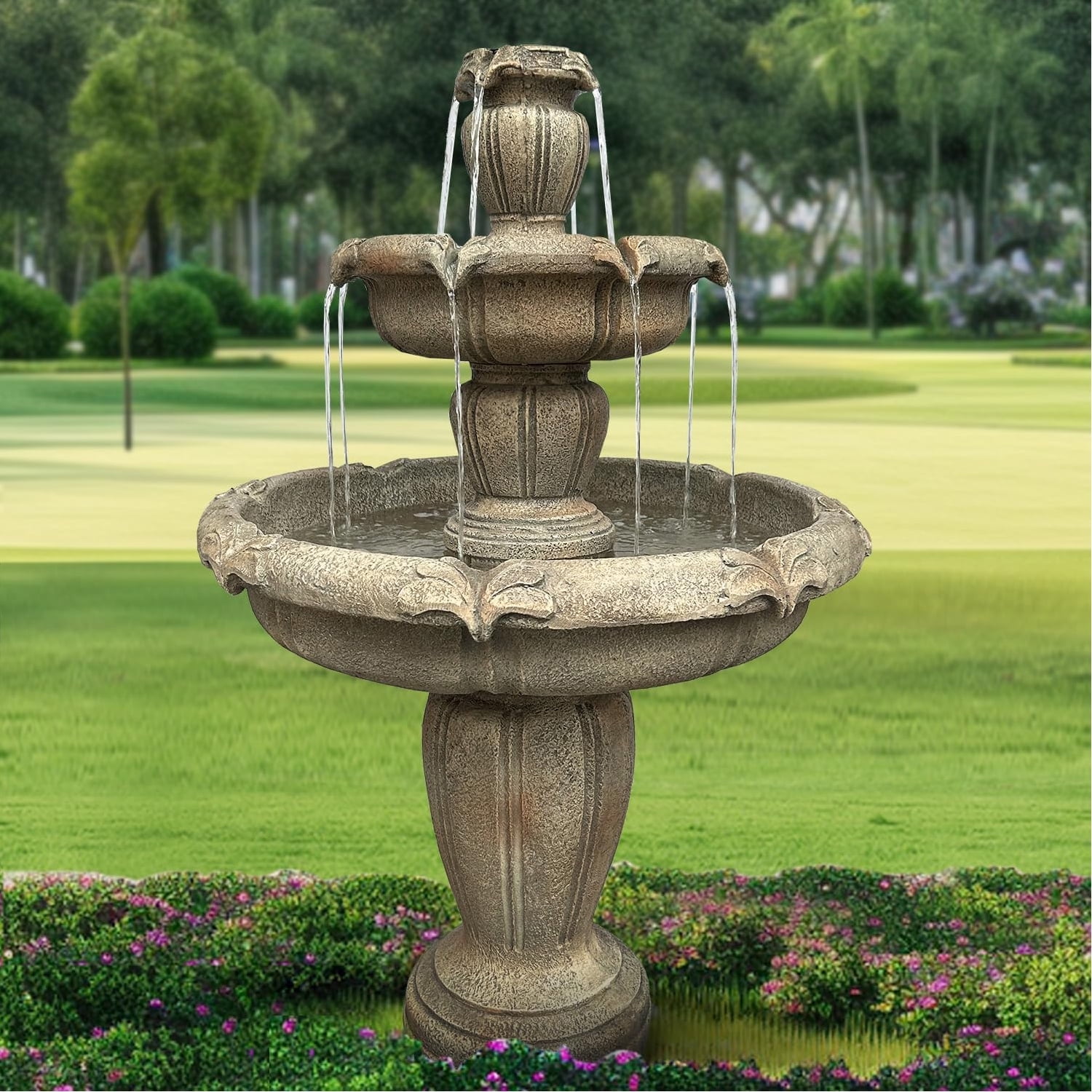 48” H Outdoor Floor Water Fountain, 3-Tiers Concrete Water Fountain ...