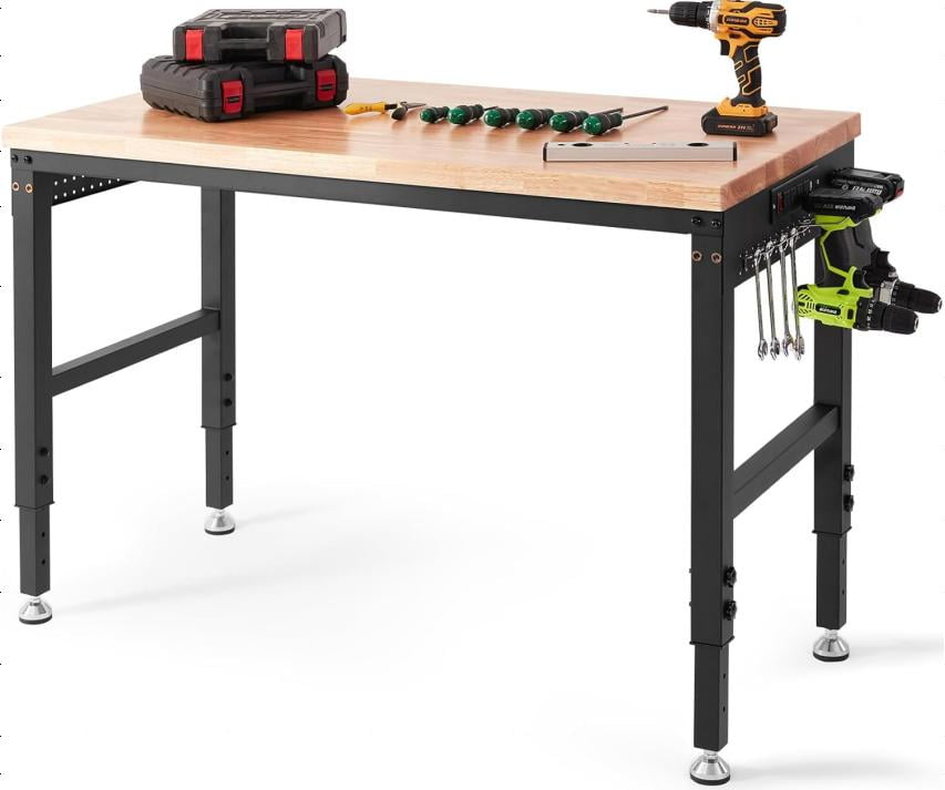 48" Heavy-Duty Adjustable Workbench for Garage, Rubber Wood Shop Table ...