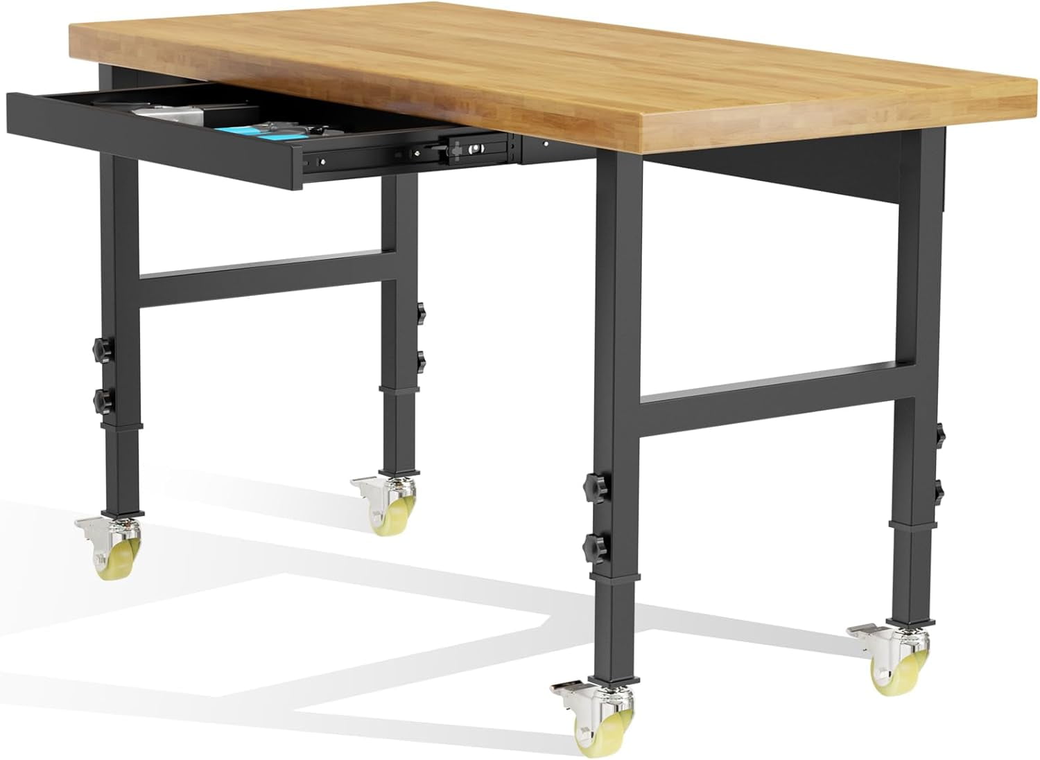 Odaof 48” Solid Wood Workbench, Wheels, Drawers, Adjustable Height ...