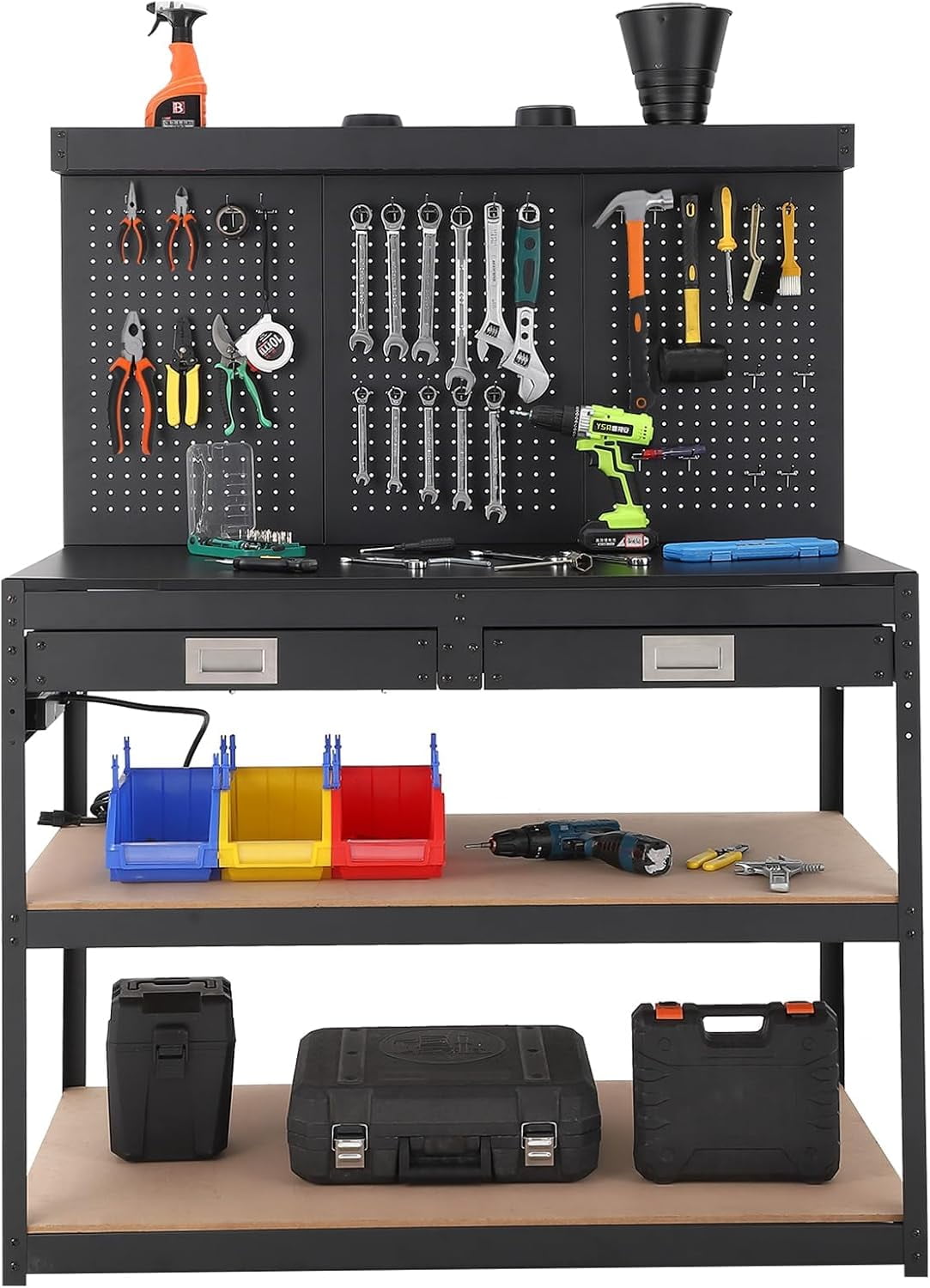 48" Heavy-Duty Steel Workbench with Pegboard, 2 Drawers & 2 Shelves ...