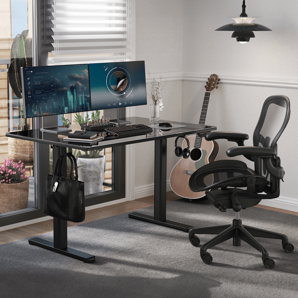 48'' Height Adjustable Glass Top Metal Base Standing Desk, Black ...