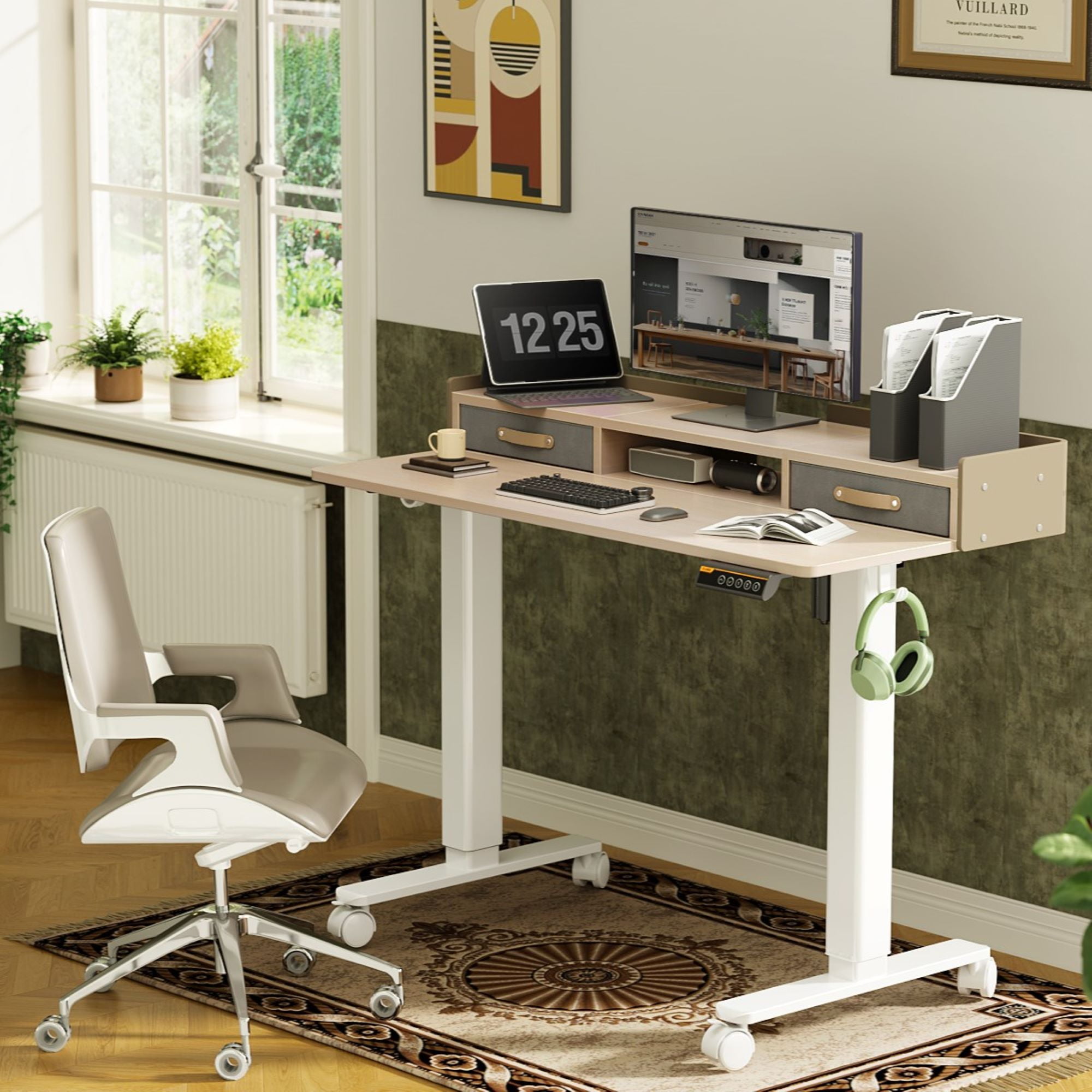 48'' Height Adjustable Standing Desk with Two Drawers and Storage Shelf ...