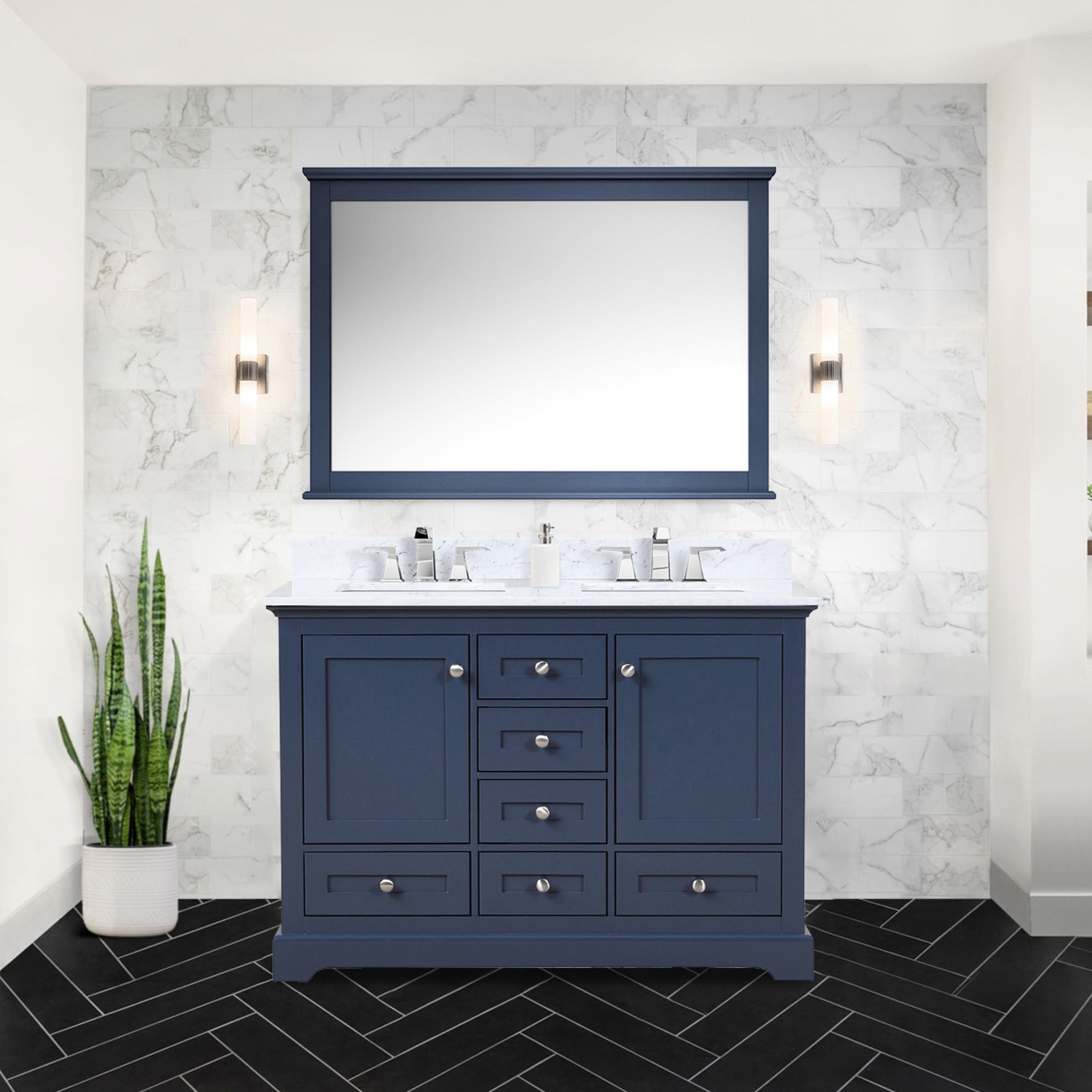 48 In. Navy Blue Bath Vanity With Marble - Solid Wood, 2 Cabinets, 6 ...
