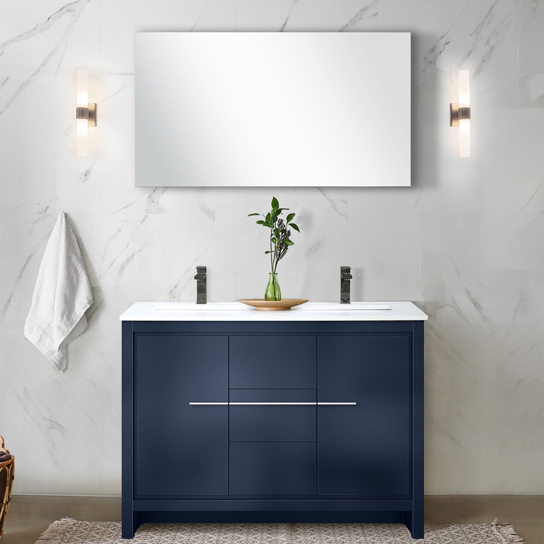 48 In. W Navy Blue Bathroom Vanity, Marble Top, Metal Faucet, 43 Mirror ...