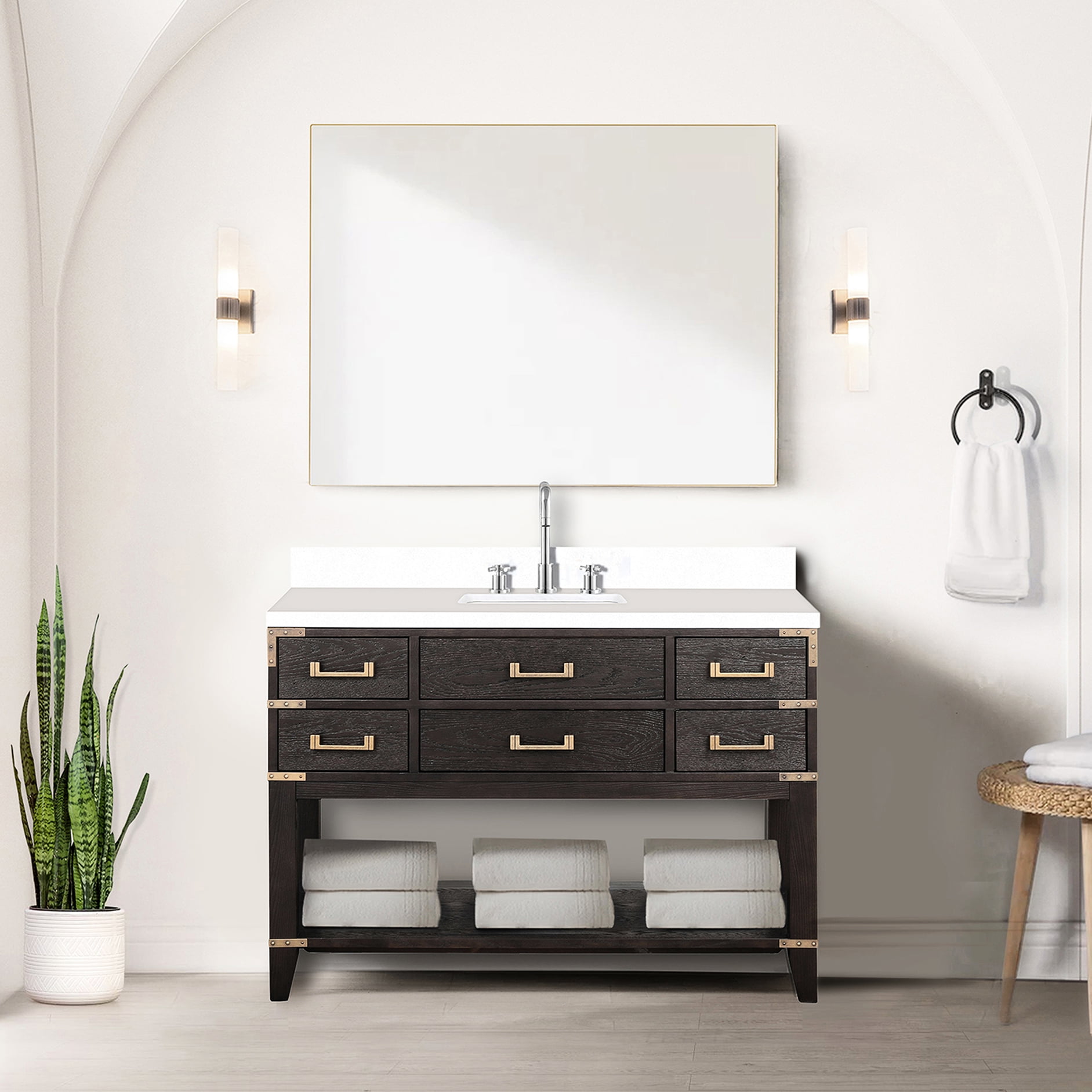 48 In. W X 22 D Brown Oak Bath Vanity With Sealed White Quartz - Solid ...