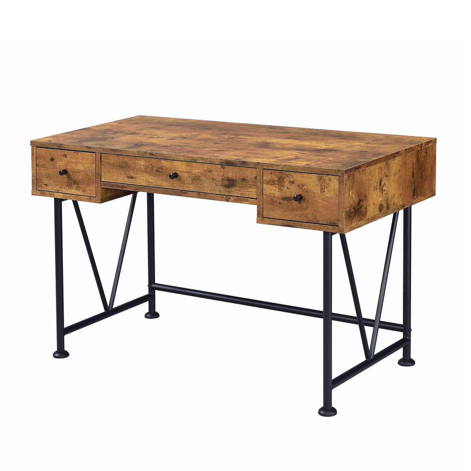 48 Inch Chic Wood Writing Desk 3 Drawer- Rustic- Metal Base- Antique ...