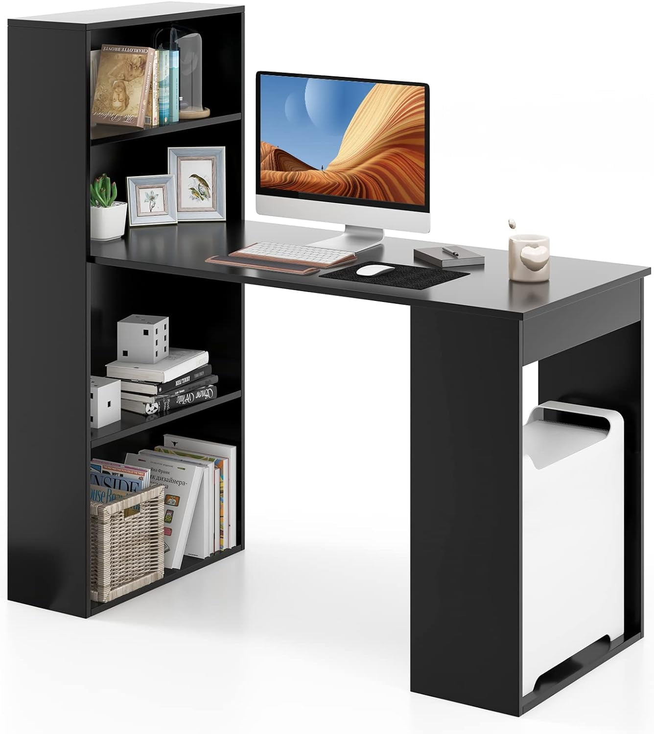 48 Inch Computer Desk with Bookshelf, Reversible Study Writing Desk ...