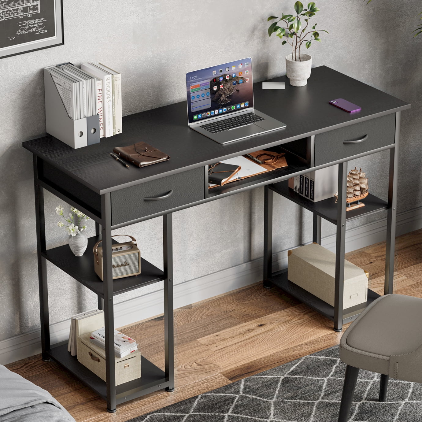 48-Inch Computer Desk with Fabric Drawers & Adjustable Shelves, Metal ...