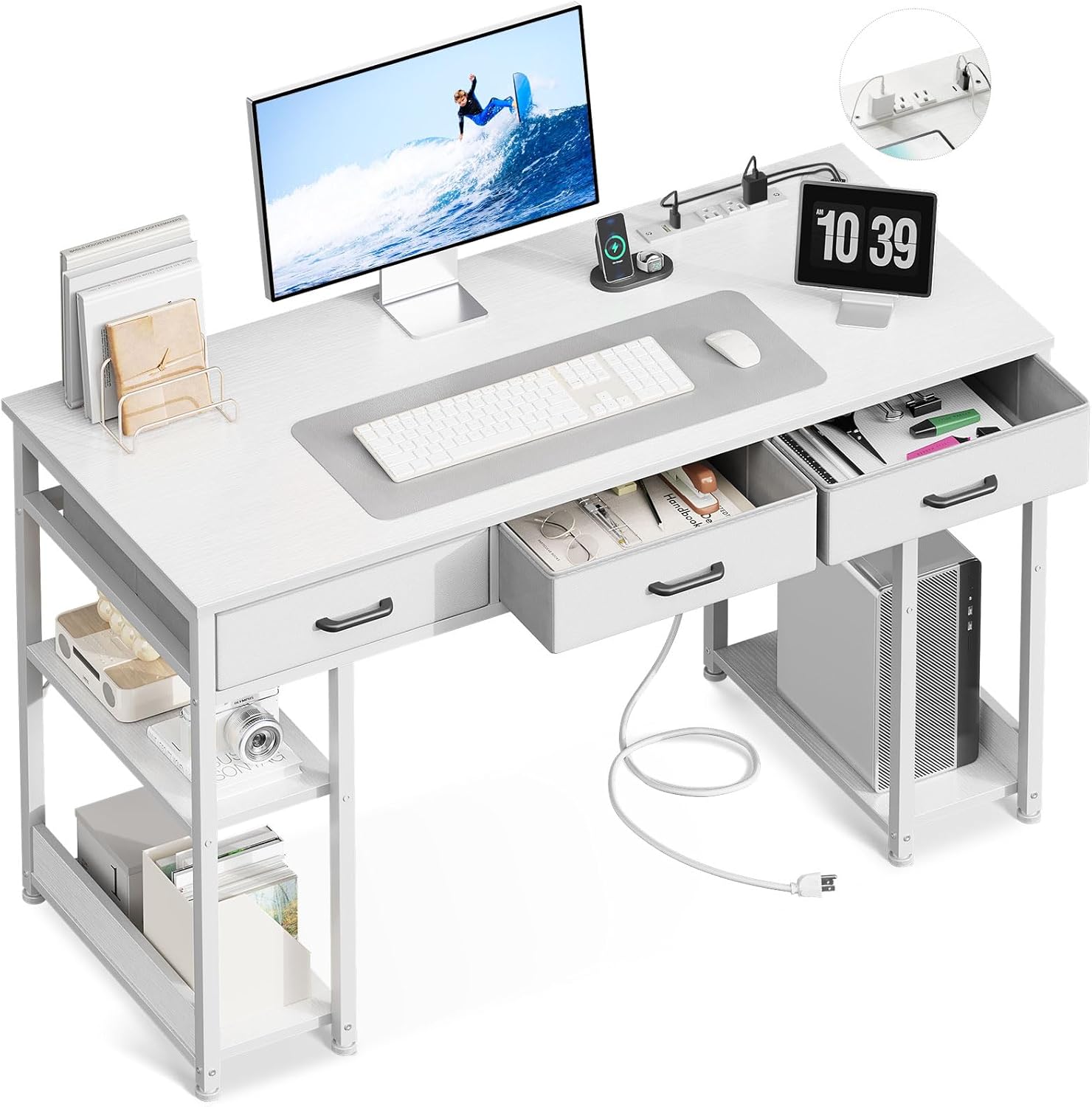 48 Inch Computer Desk with Fabric Drawers & Power Outlets, Office Desk ...