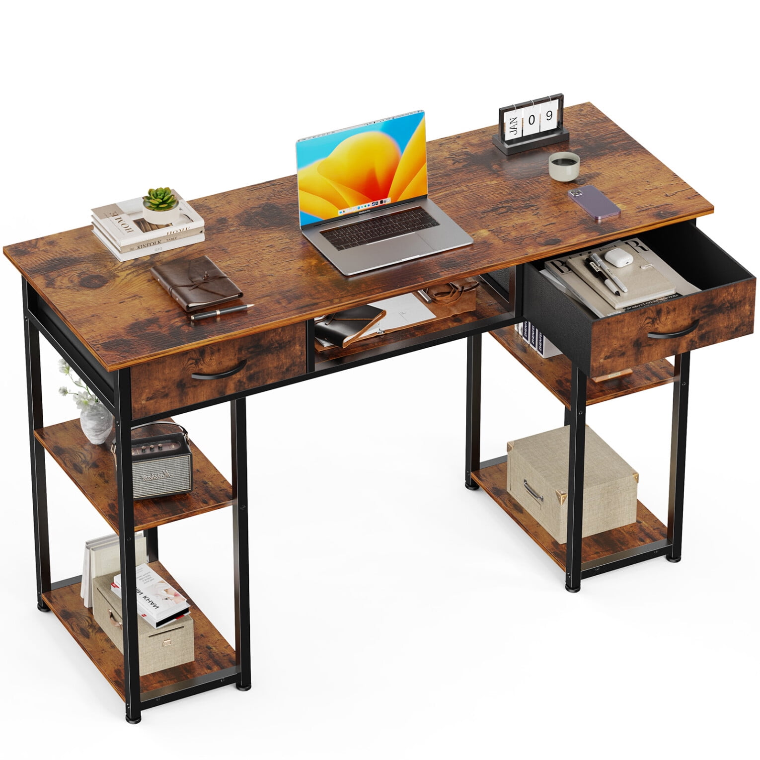 48 Inch Computer Desk with Fabric Drawers & Removable Storage Shelves ...