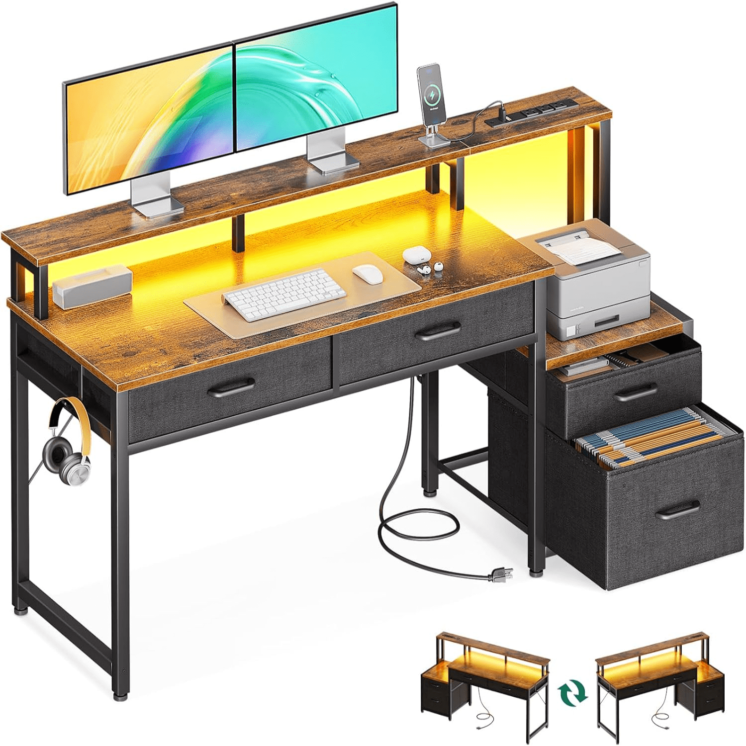 48-Inch Computer Desk with File Cabinet and Fabric Drawers Reversible ...