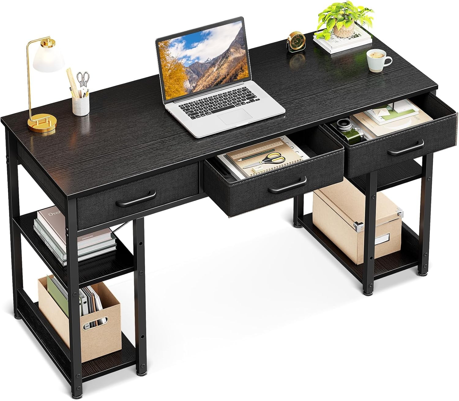 48 Inch Computer Desk with 3 Fabric Drawers and Storage Shelves Metal ...