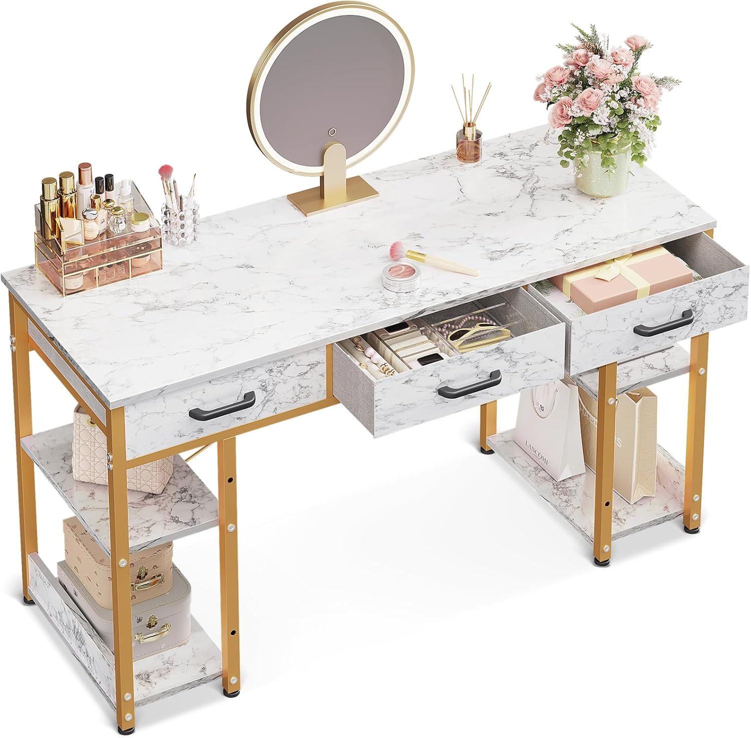 48 Inch Computer Desk with 3 Fabric Drawers and Storage Shelves Metal ...