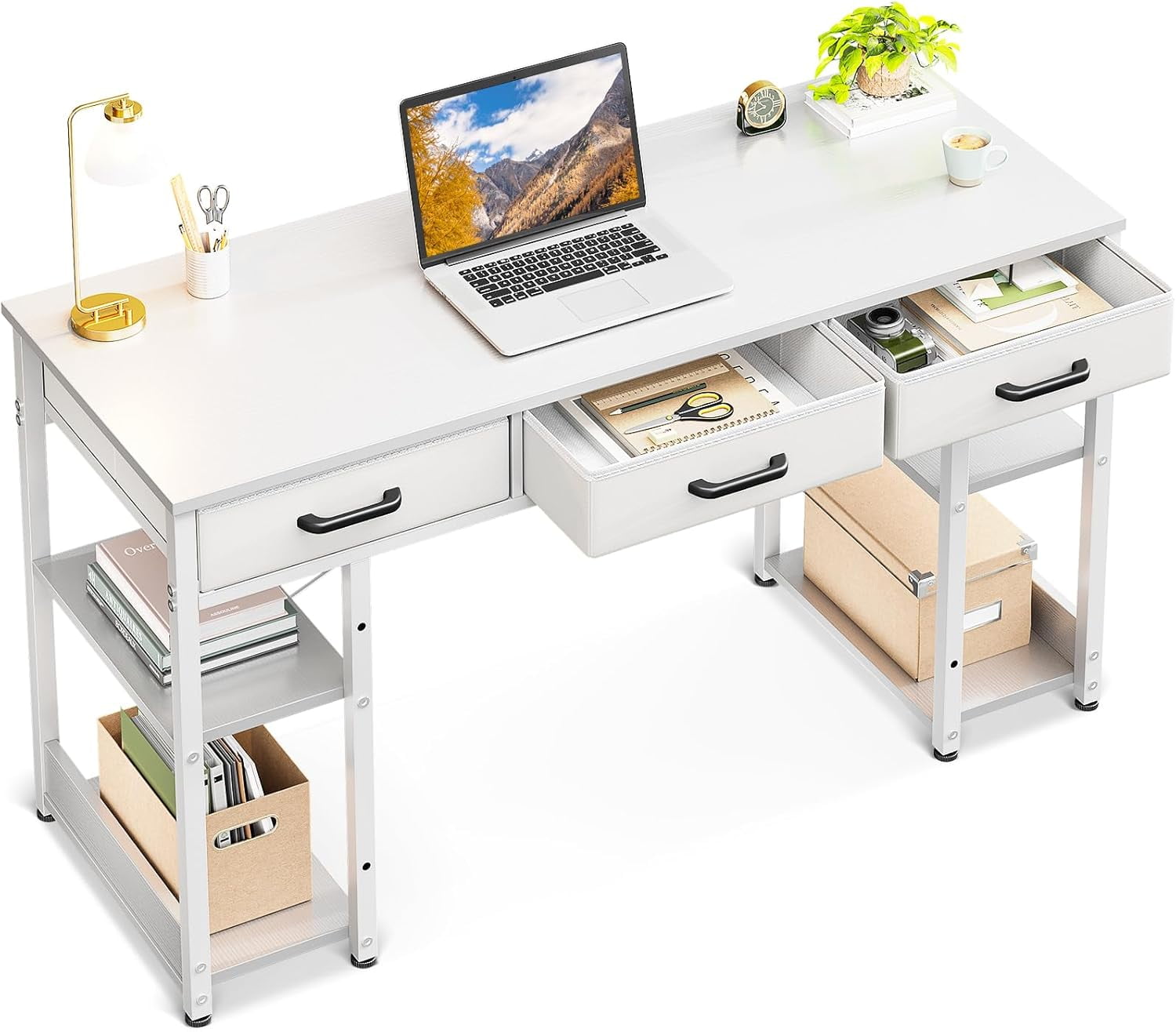 48 Inch Computer Desk with 3 Fabric Drawers and Storage Shelves Metal ...