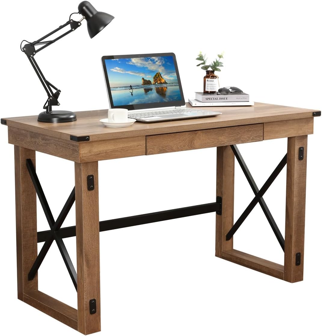 48 Inch Computer Desk with Drawer, Office Desk with Metal Frame Modern ...