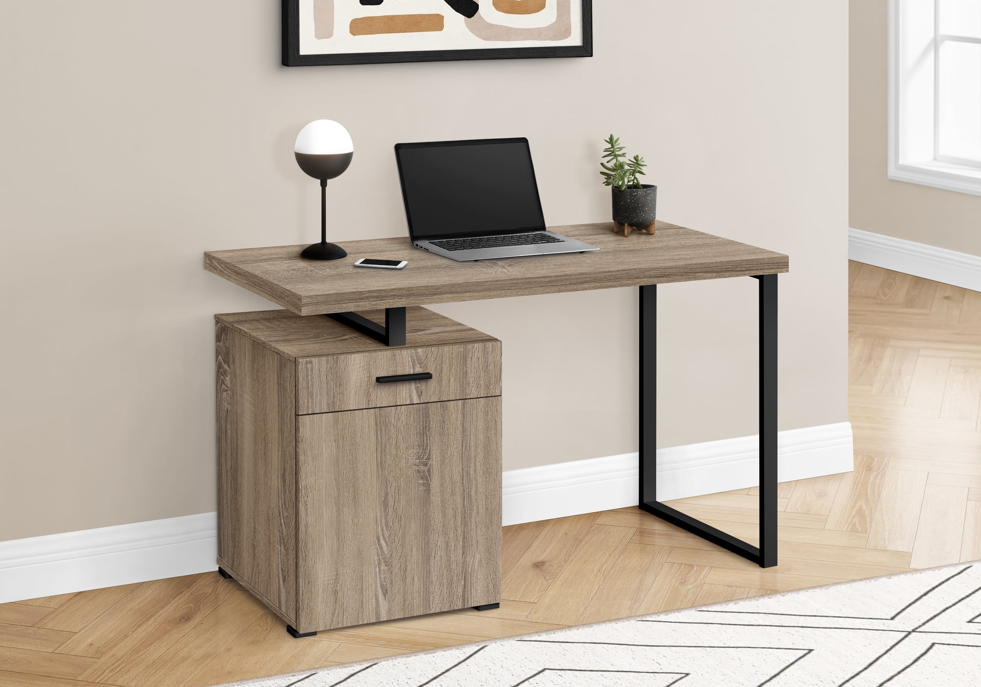 48 Inch Dark Taupe Computer Desk with Reversible Storage and Black U ...