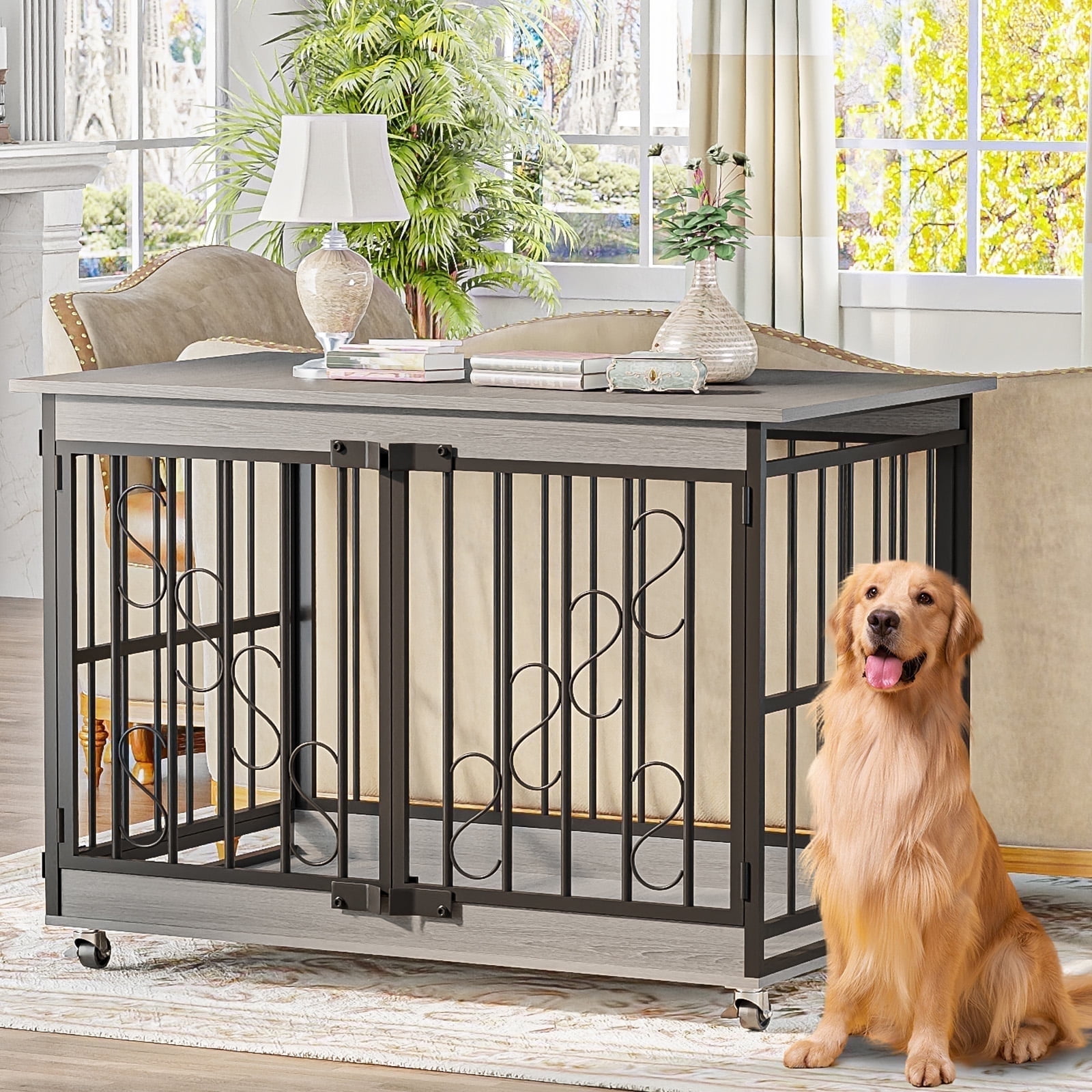 48 Inch Dog Cage Furniture for Extra Large Dog, Double-Doors Heavy Duty ...
