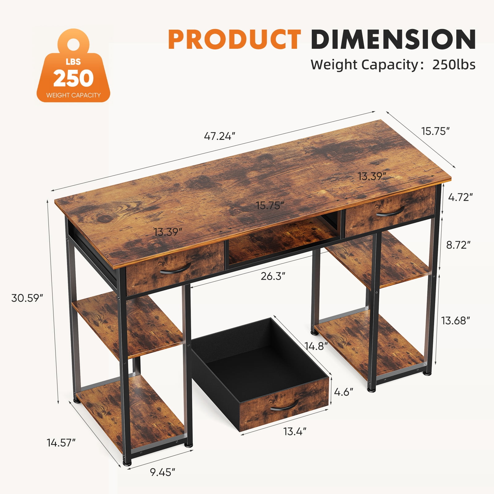 48 Inch Double Deck Shelving Office Computer Desk with Pull-out Fabric ...