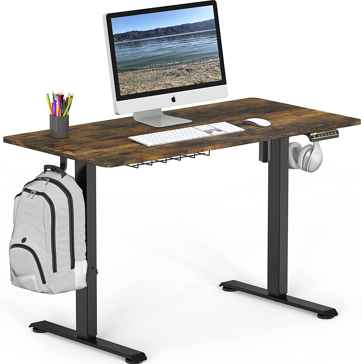 48-Inch Electric Height Adjustable Sit to Stand Desk with Hanging Hooks ...