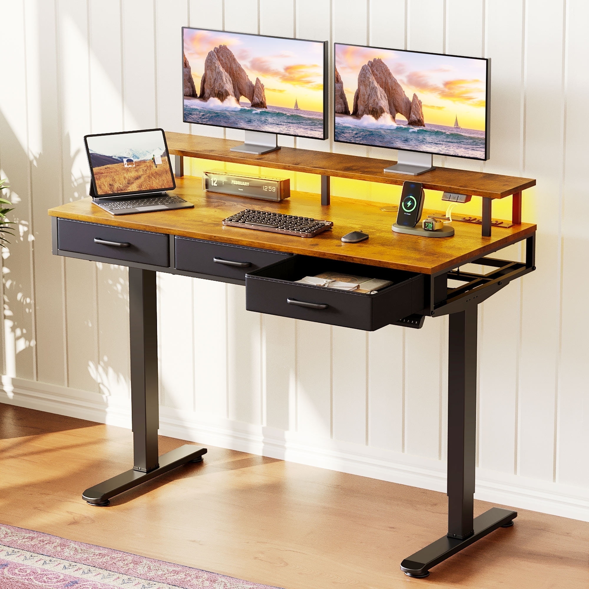 Casacomoda 48“ Electric Standing Desk with Power Outlets and LED Lights ...