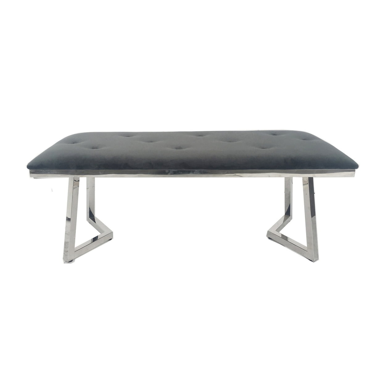 48 Inch Foam Dining Bench, Metal Base, Button Tufted Gray Velvet ...