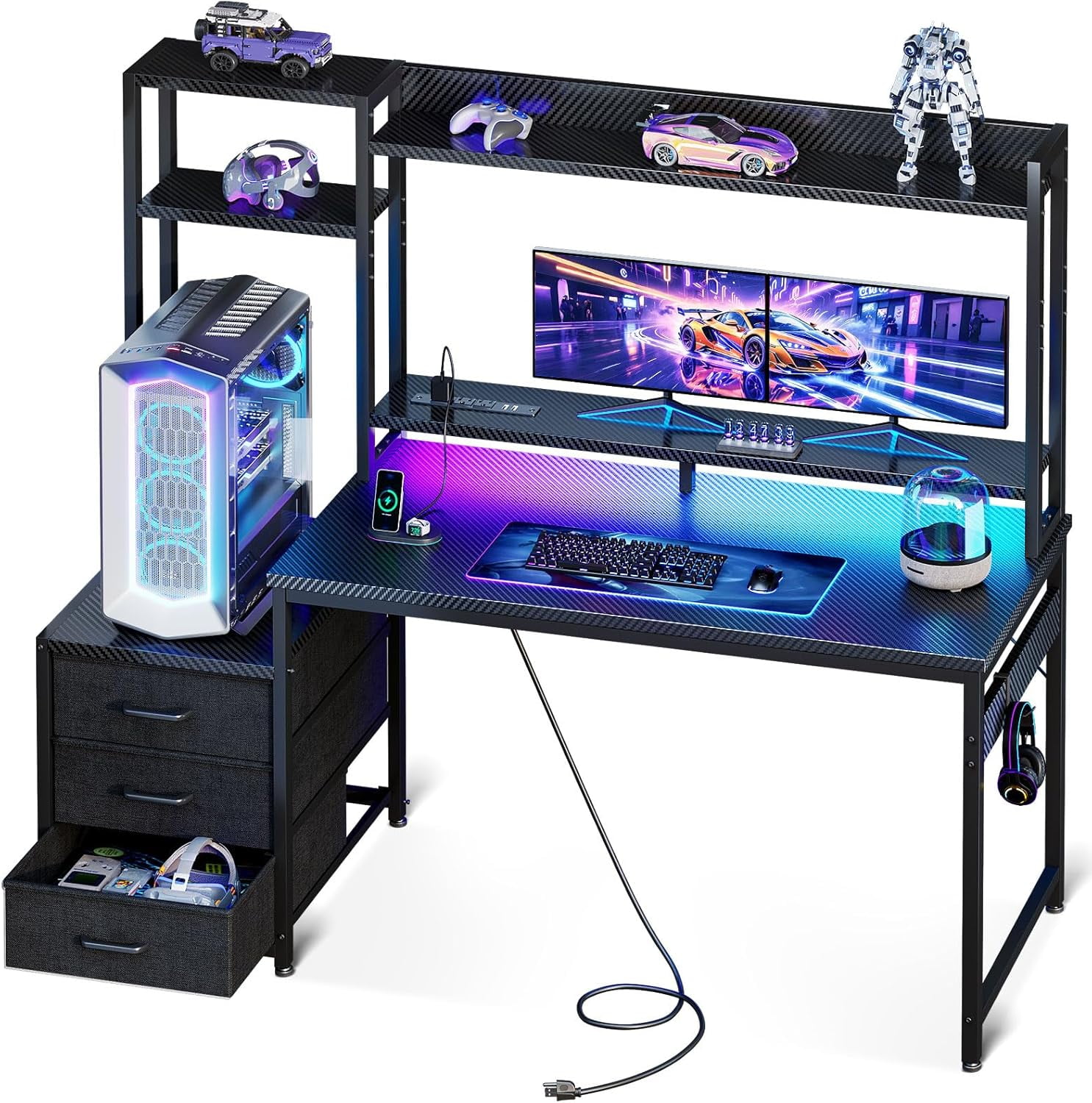 48 Inch Gaming Desk with Hutch & 3 Fabric Drawers, Computer Desk with ...
