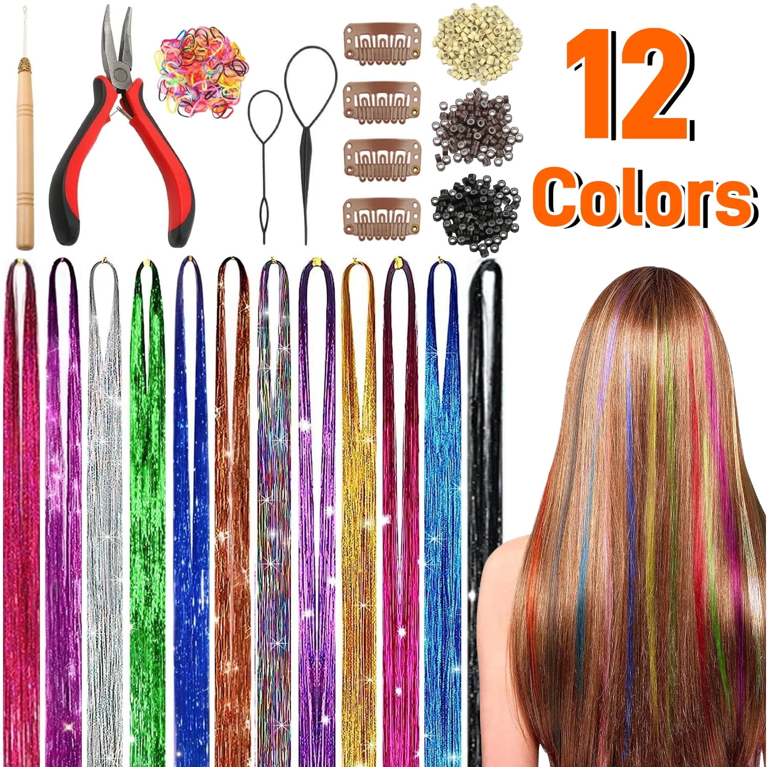 48 Inch Glitter Hair Tinsel Kit for Women Girls, 12 Colors Fairy Tinsel ...