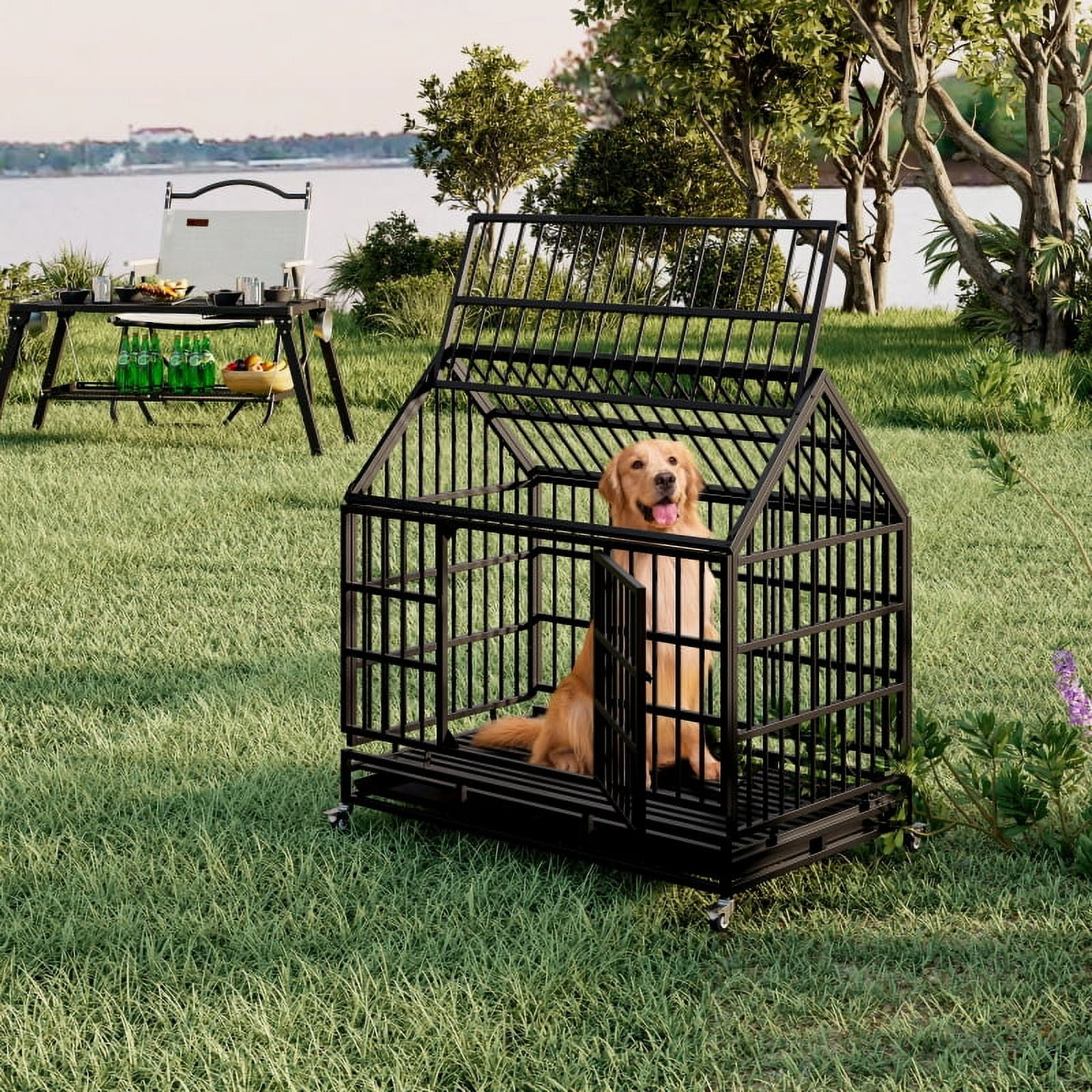 48 Inch Heavy Duty Dog Crate with Wheels, Folding Metal Big Dog Cage ...