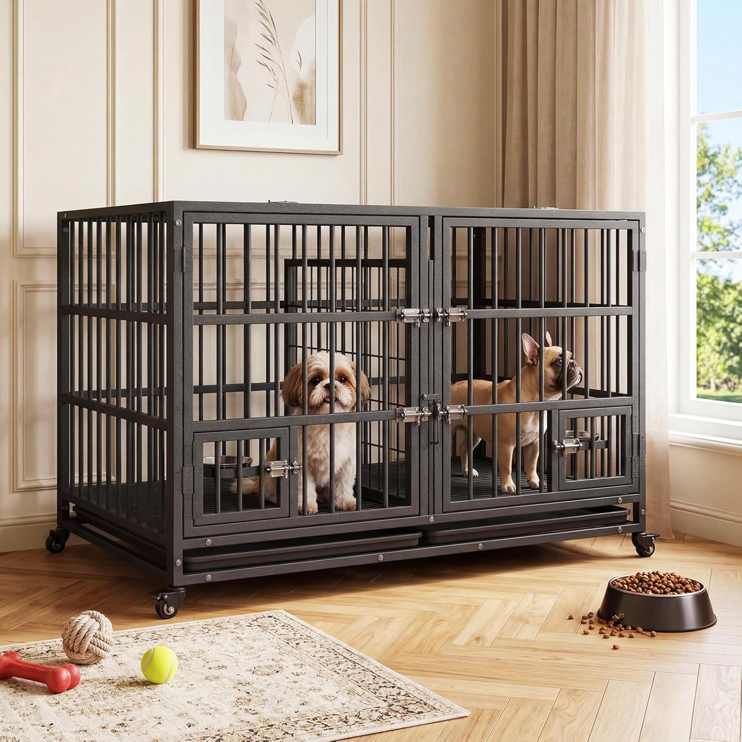 48 Inch Heavy Duty Metal Dog Crate - Two Door Kennel with Removable ...