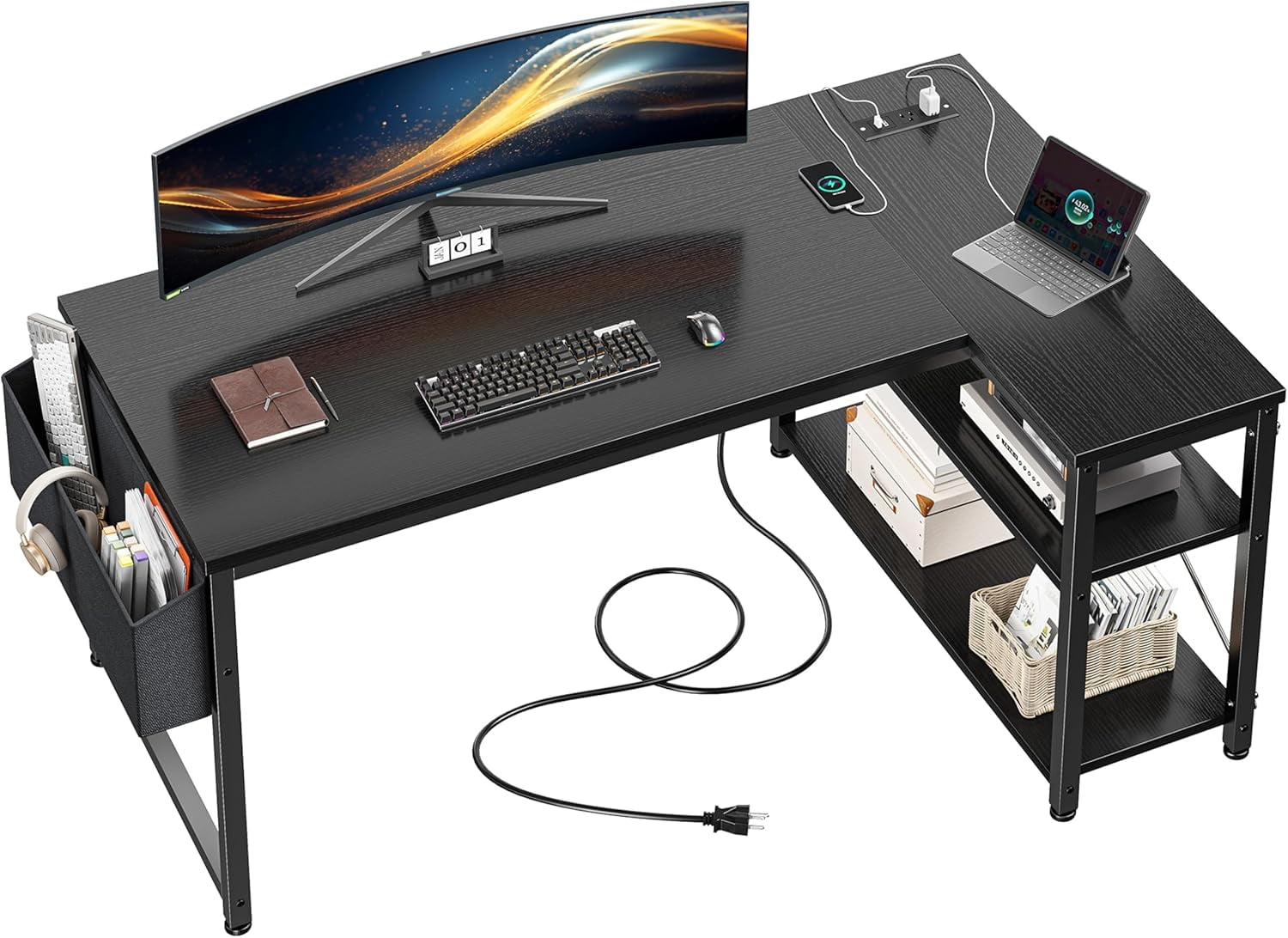 48 Inch L Shaped Computer Desk with Storage Shelves & Side Bag, Office ...