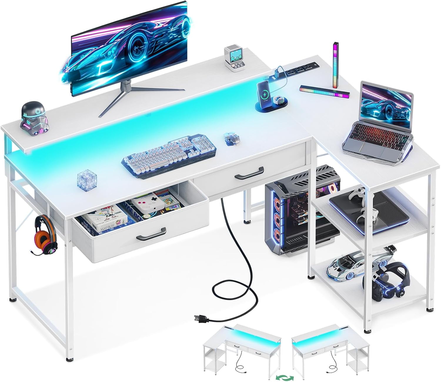 48 Inch L Shaped Gaming Desk with 2 Drawers & Storage Shelves, Computer ...