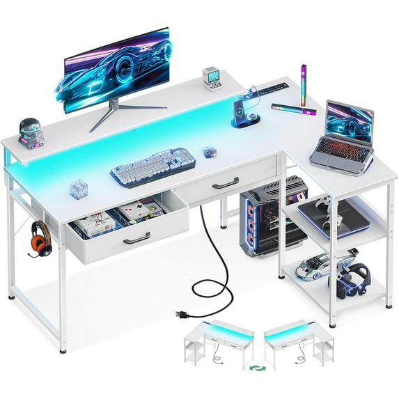 48 Inch L Shaped Gaming Desk with 2 Drawers & Storage Shelves, Computer ...