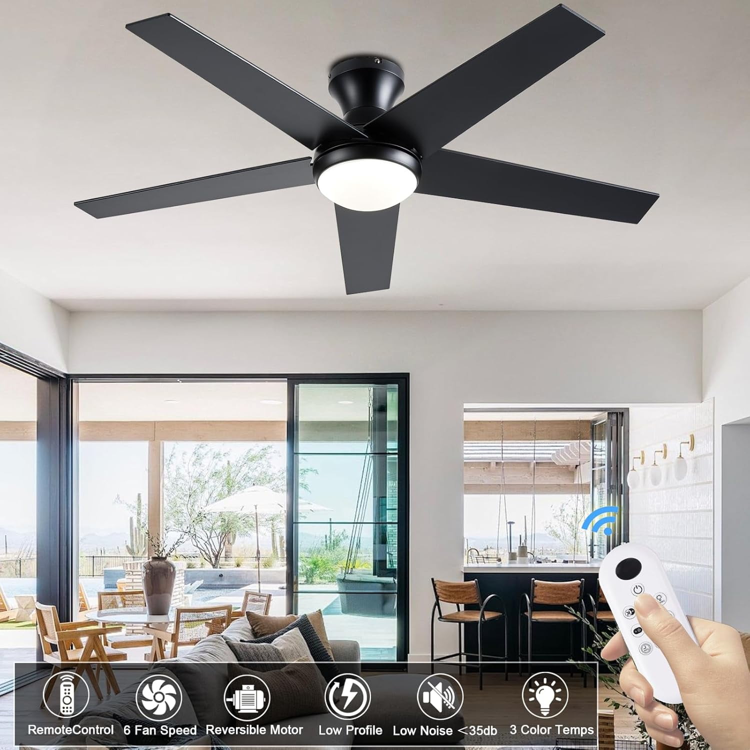 48 Inch Low Ceiling Fan with Light and Remote Control, Reversible Motor ...