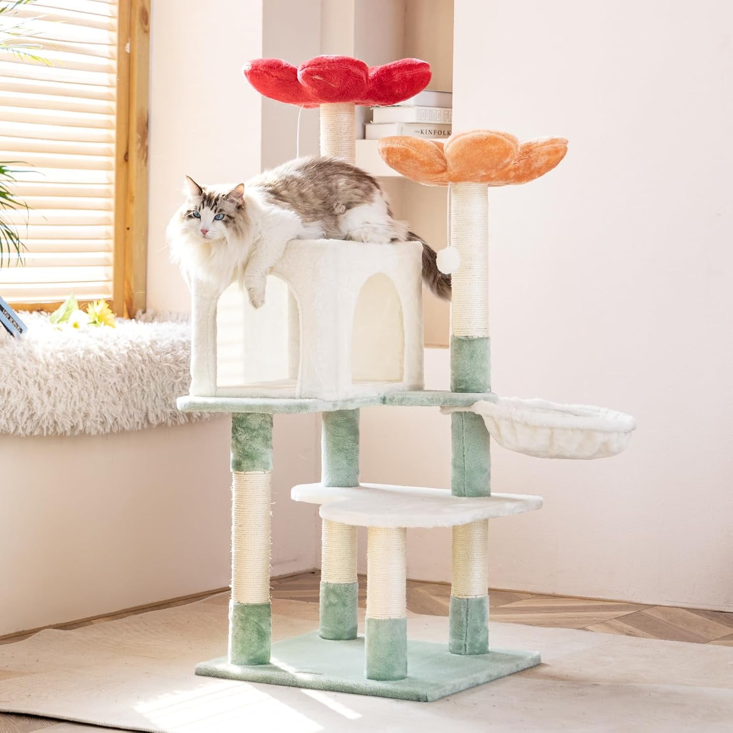 48 Inch Modern Cat Tree Tower with Hanging Basket & Flower Design ...