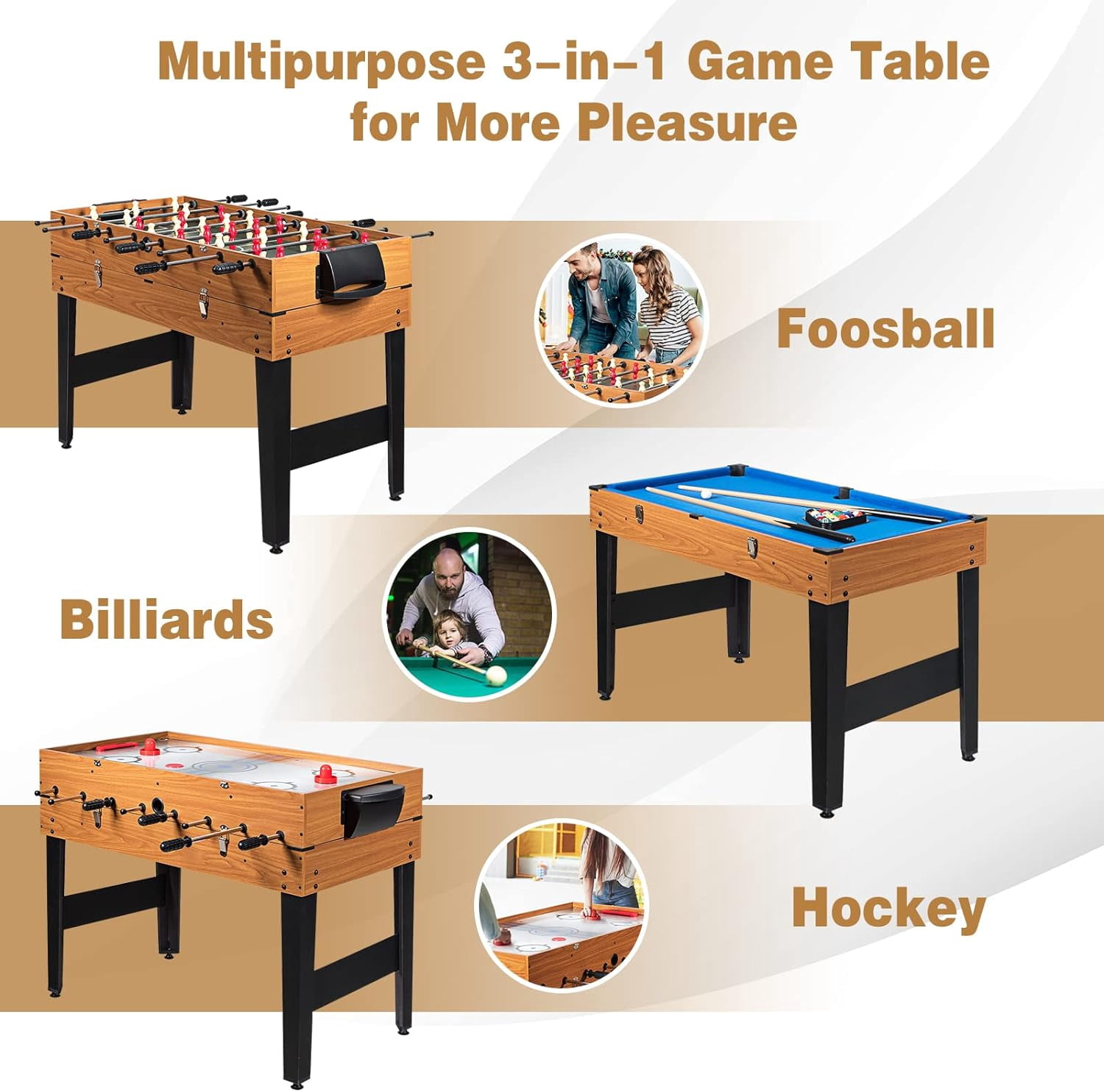 48 Inch Multi Game Table 3-in-1 Foosball Air Hockey Billiards Combo for ...