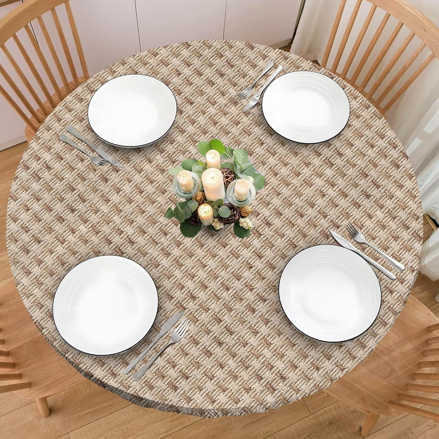 48 Inch Round Fitted Cloth Tablecloth with Elastic Edged, Waterproof ...