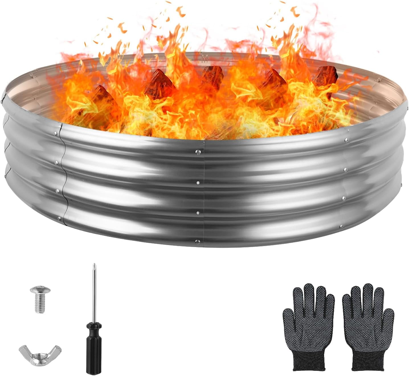 48 Inch Round Galvanized Fire Ring - Silver, 4 Feet Diameter Outdoor ...