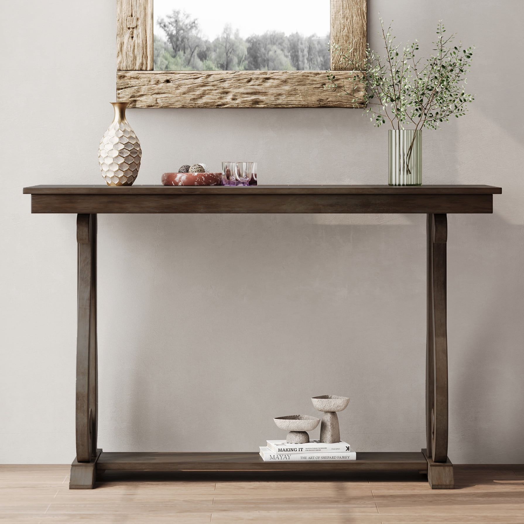 48-Inch Rustic Vintage Console Table, Farmhouse Style Entryway Table with Open Storage Shelf and ...