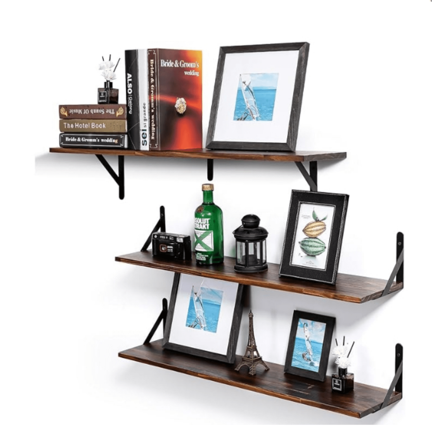 48 Inch Set of 3 Solid Wood Book Shelves with Black Brackets, Photo ...