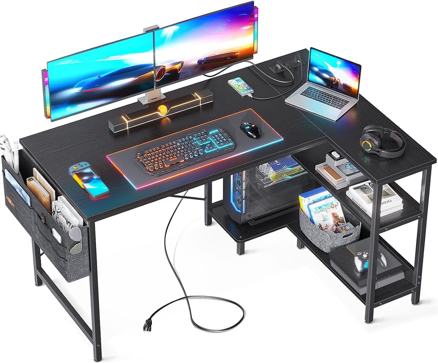 48 Inch Small L Shaped Gaming Computer Desk with Power Outlets ...