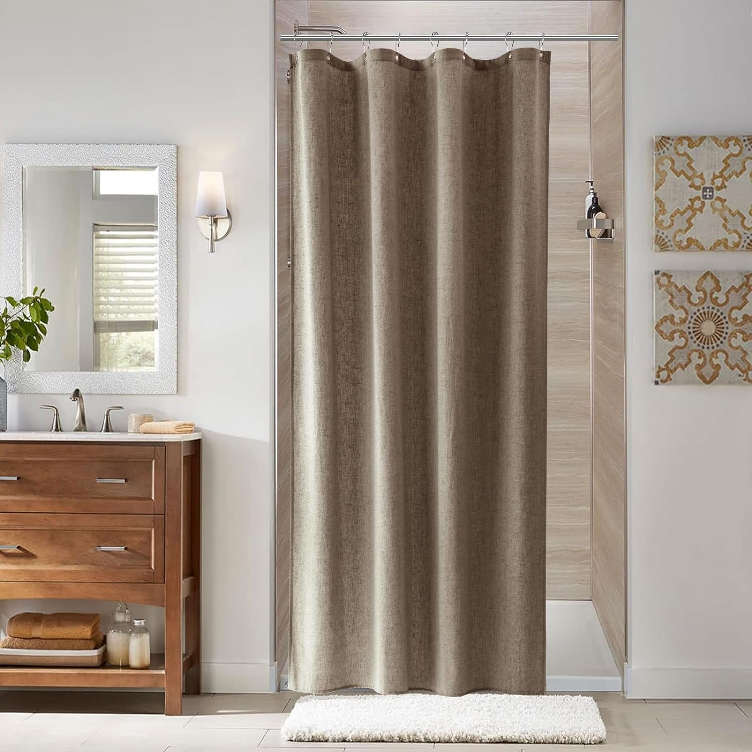 48 Inch Taupe Linen Shower Curtain Neutral Weighted Cloth Fabric ...