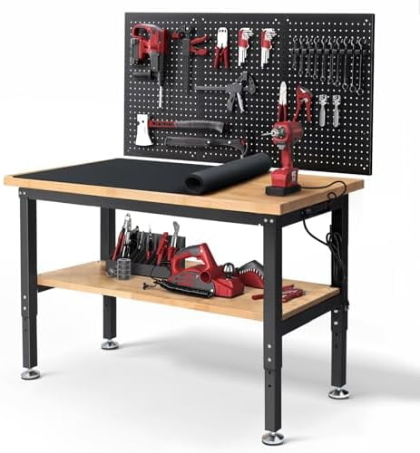 48 Inch Work Table for Garage Adjustable Height Rubber Wood Tabletop ...