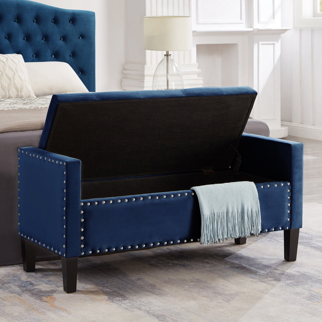 48 Inches Folding Bench Upholstered Tufted Button Storage Chest with Nails Trim Entryway Living Room Soft Padded Seat with Armrest Bed Bench Navy