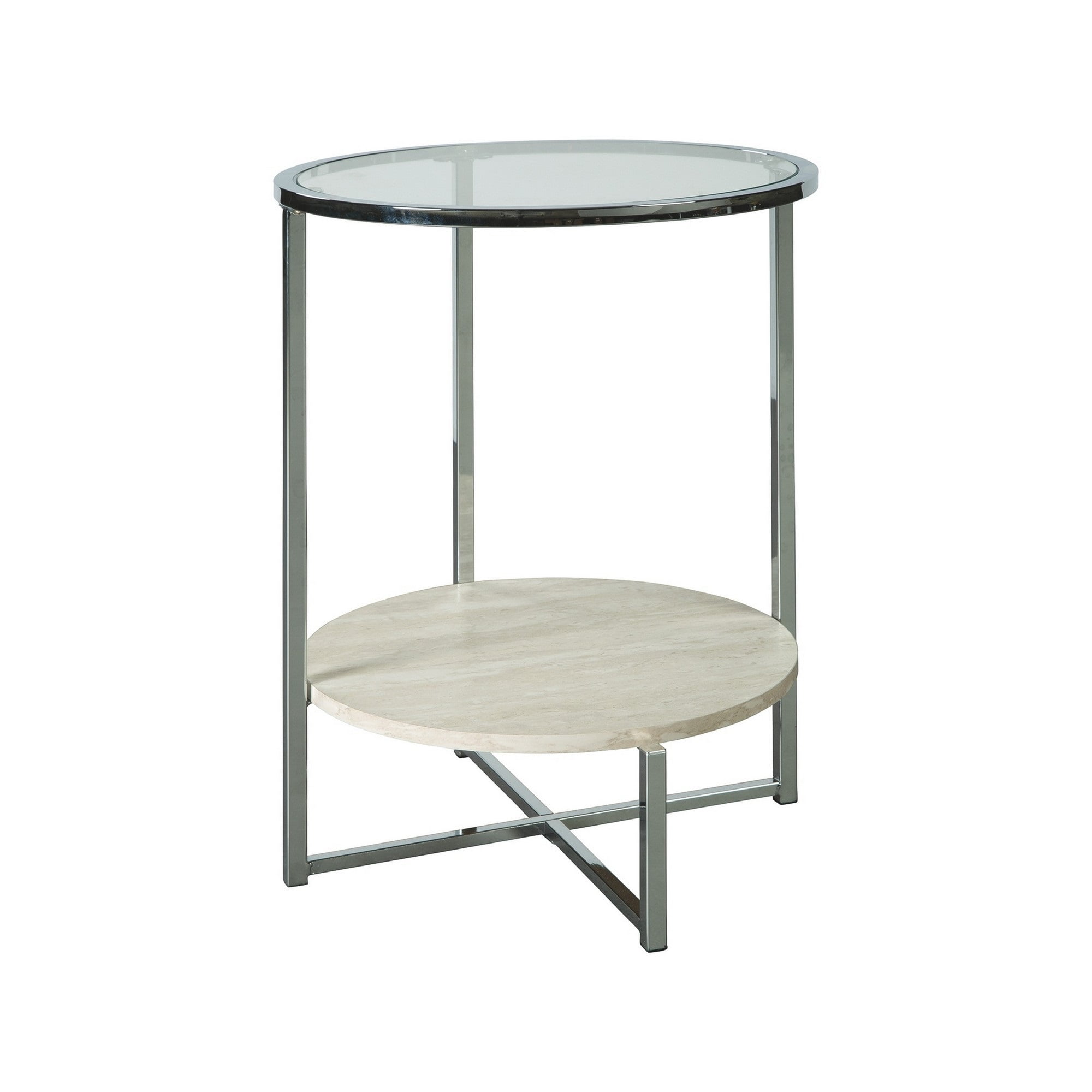48 Inches Round Glass Top End Table with Stone Shelf, Clear and Chrome ...