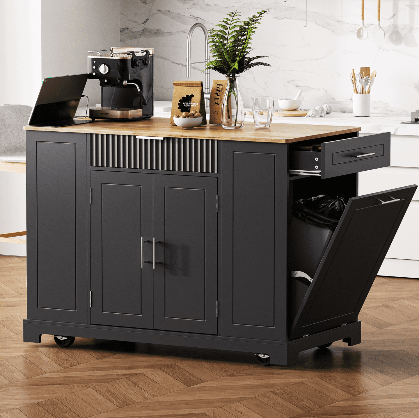 48" Kitchen Island with Trash Can Storage Cabinet, Rolling Kitchen ...