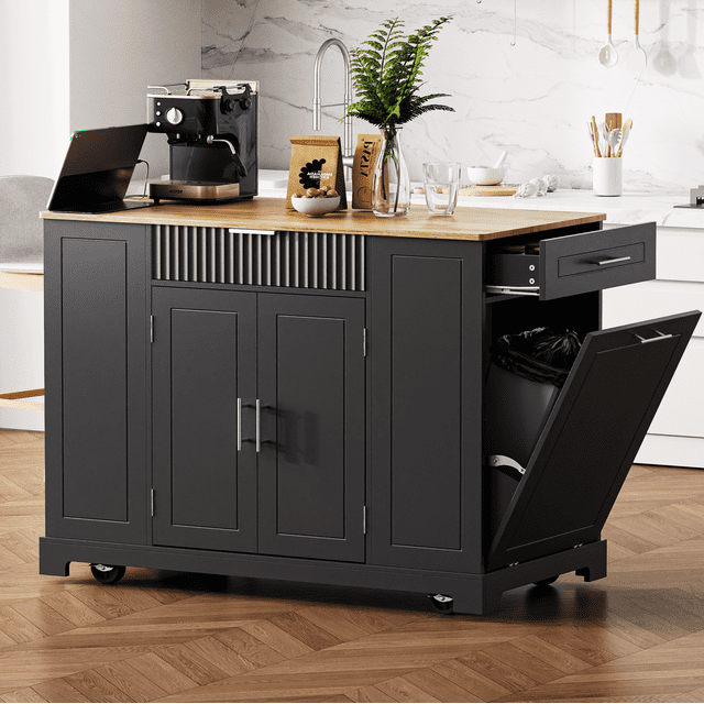 48" Kitchen Island with Trash Can Storage Cabinet, Rolling Kitchen ...