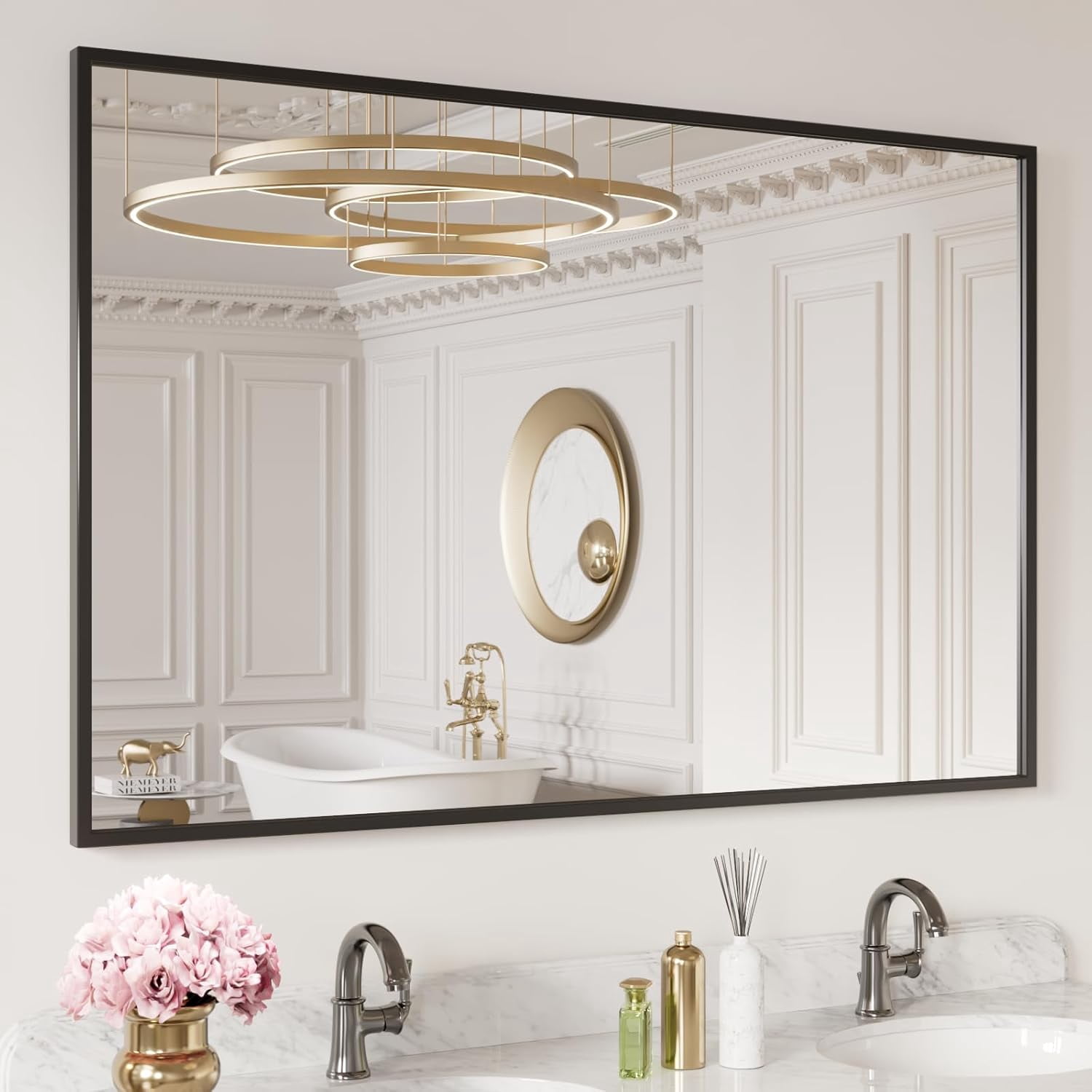 48"L x 30"W Black Rectangle Bathroom Mirror with Matte Black Aluminum ...